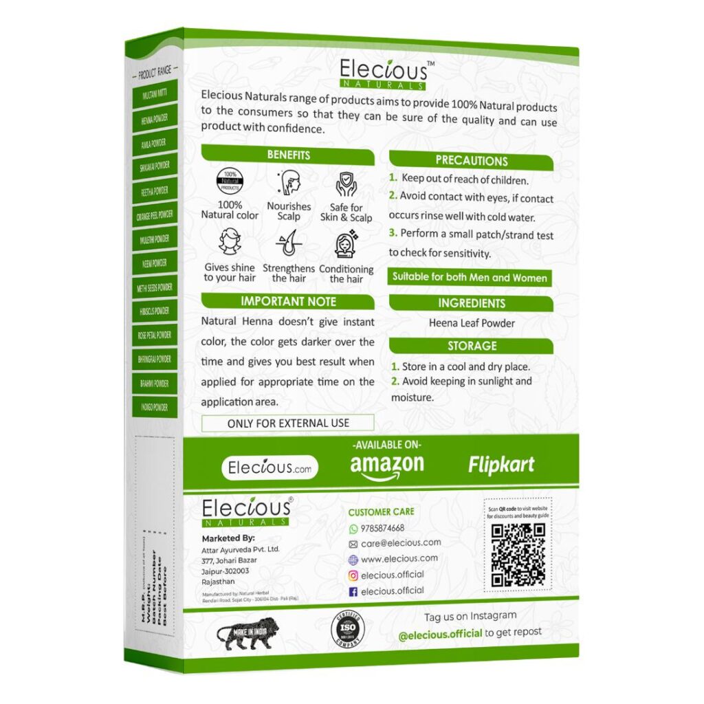 Elecious Naturals Henna Powder for Hair, Skin and Beard - Elecious